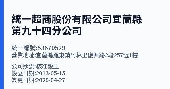 統一超商股份有限公司宜蘭縣第九十四分公司的照片-統編 53670529(宜蘭縣) 公司登記資料與營業項目詳細圖表