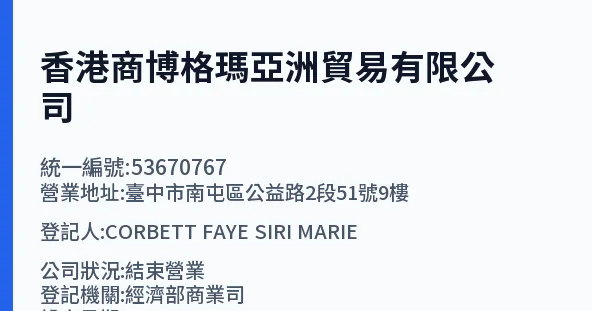 香港商博格瑪亞洲貿易有限公司的照片-統編 53670767(臺中市) 公司登記資料與營業項目詳細圖表