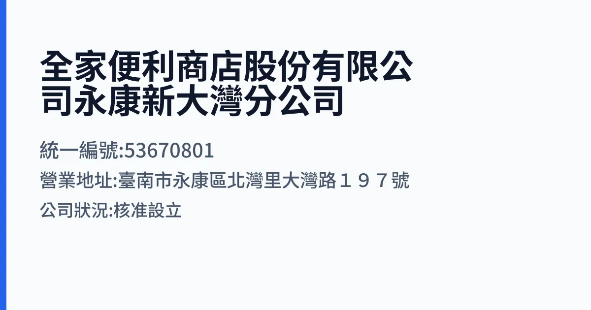 全家便利商店股份有限公司永康新大灣分公司 - 統編 53670801(臺南市) 公司登記資料與營業項目詳細圖表