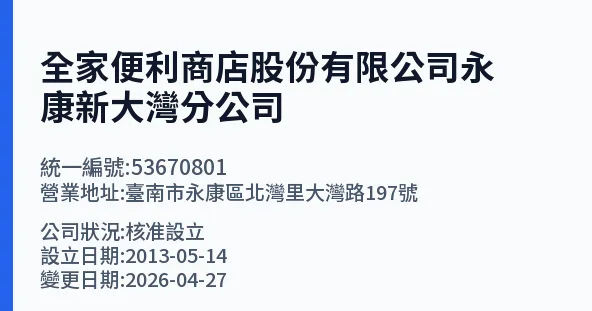 全家便利商店股份有限公司永康新大灣分公司的照片-統編 53670801(臺南市) 公司登記資料與營業項目詳細圖表