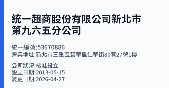 統一超商股份有限公司新北市第九六五分公司的照片-統編 53670886(新北市) 公司登記資料與營業項目詳細圖表