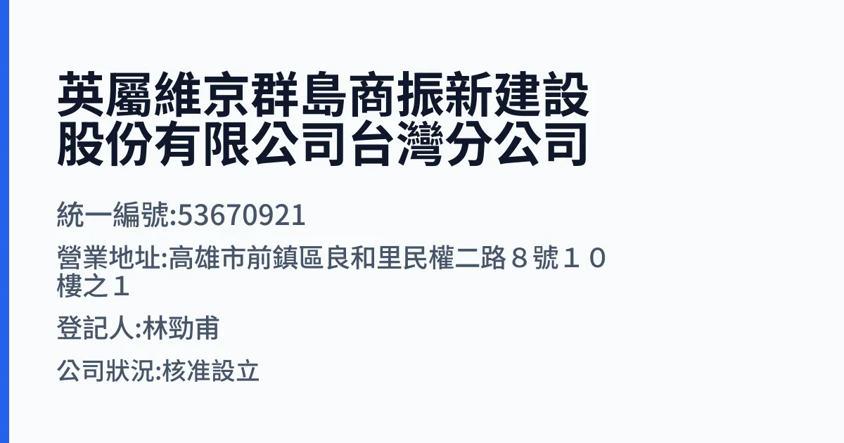 英屬維京群島商振新建設股份有限公司台灣分公司 - 統編 53670921（高雄市） 公司登記資料與營業項目詳細圖表