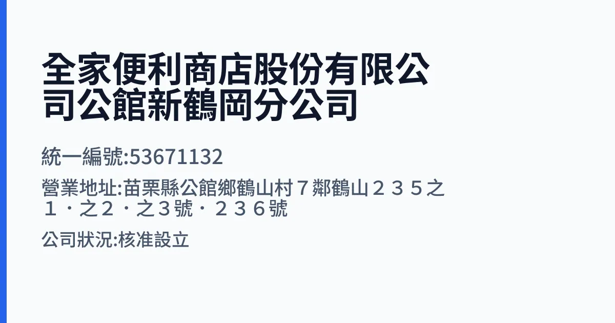 全家便利商店股份有限公司公館新鶴岡分公司 - 統編 53671132(苗栗縣) 公司登記資料與營業項目詳細圖表
