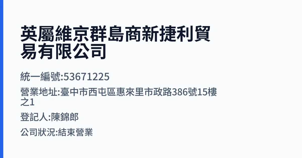 英屬維京群島商新捷利貿易有限公司 - 統編 53671225(臺中市) 公司登記資料與營業項目詳細圖表