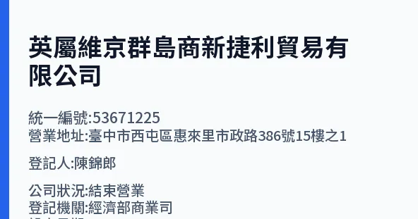 英屬維京群島商新捷利貿易有限公司的照片-統編 53671225(臺中市) 公司登記資料與營業項目詳細圖表