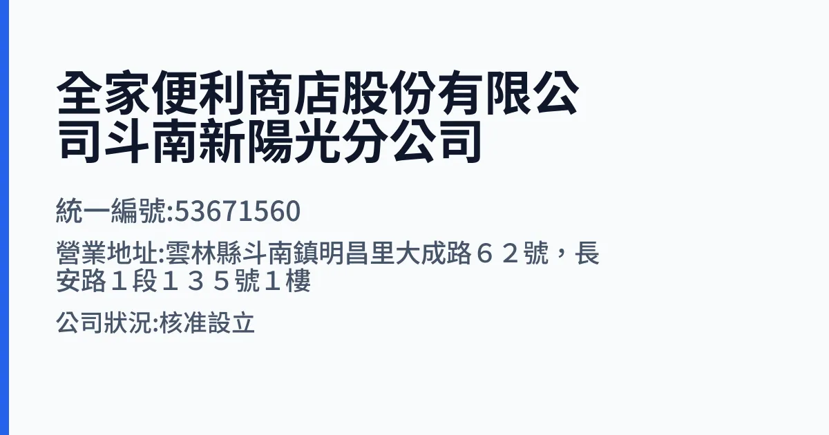 全家便利商店股份有限公司斗南新陽光分公司 - 統編 53671560(雲林縣) 公司登記資料與營業項目詳細圖表