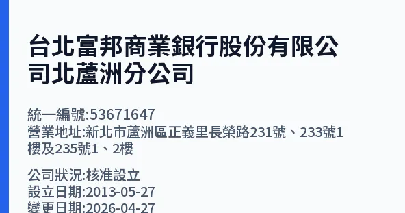 台北富邦商業銀行股份有限公司北蘆洲分公司的照片-統編 53671647(新北市) 公司登記資料與營業項目詳細圖表