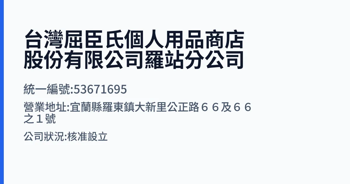 台灣屈臣氏個人用品商店股份有限公司羅站分公司 - 統編 53671695(宜蘭縣) 公司登記資料與營業項目詳細圖表