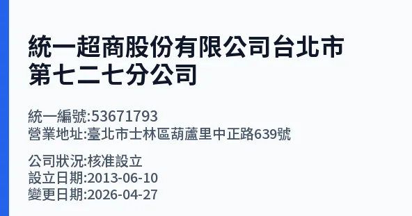 統一超商股份有限公司台北市第七二七分公司的照片-統編 53671793(臺北市) 公司登記資料與營業項目詳細圖表