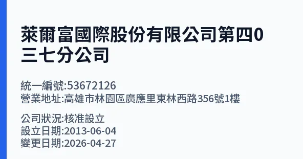 萊爾富國際股份有限公司第四0三七分公司的照片-統編 53672126(高雄市) 公司登記資料與營業項目詳細圖表