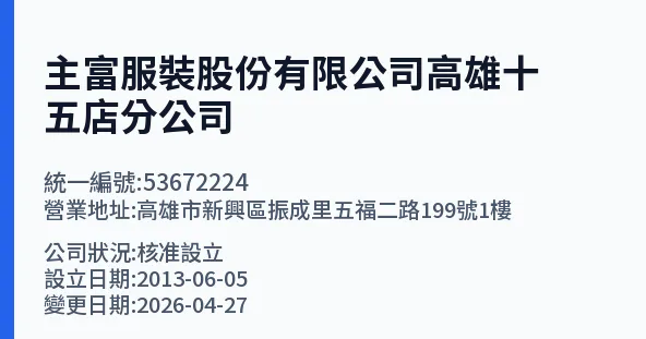主富服裝股份有限公司高雄十五店分公司的照片-統編 53672224(高雄市) 公司登記資料與營業項目詳細圖表