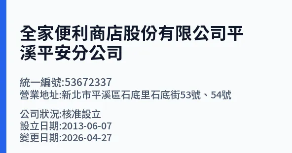 全家便利商店股份有限公司平溪平安分公司的照片-統編 53672337(新北市) 公司登記資料與營業項目詳細圖表