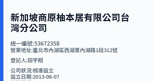 新加坡商原柚本居有限公司台灣分公司的照片-統編 53672358(臺北市) 公司登記資料與營業項目詳細圖表