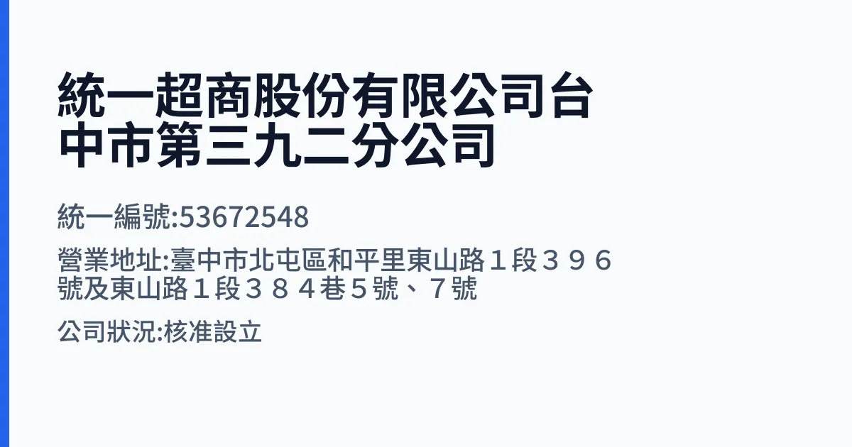 統一超商股份有限公司台中市第三九二分公司 - 統編 53672548(臺中市) 公司登記資料與營業項目詳細圖表