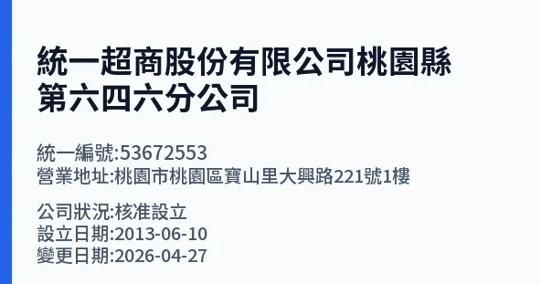 統一超商股份有限公司桃園縣第六四六分公司的照片-統編 53672553(桃園市) 公司登記資料與營業項目詳細圖表