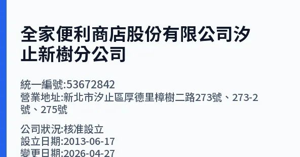 全家便利商店股份有限公司汐止新樹分公司的照片-統編 53672842(新北市) 公司登記資料與營業項目詳細圖表