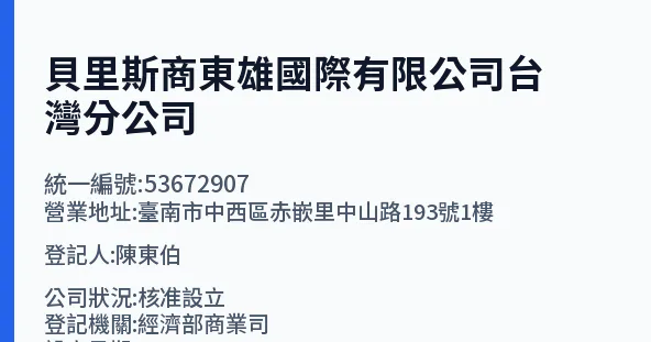 貝里斯商東雄國際有限公司台灣分公司的照片-統編 53672907(臺南市) 公司登記資料與營業項目詳細圖表