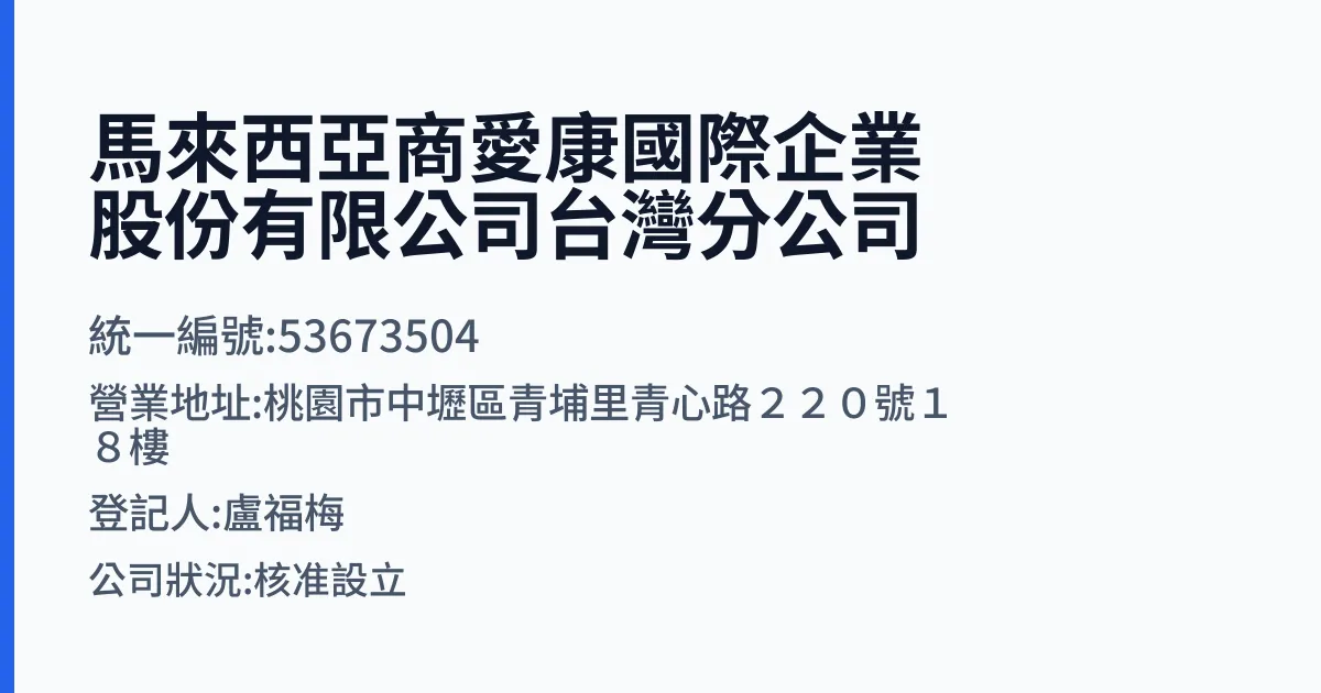 馬來西亞商愛康國際企業股份有限公司台灣分公司 - 統編 53673504 (臺北市) 公司登記資料與營業項目詳細圖表