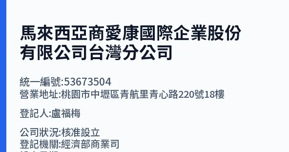 馬來西亞商愛康國際企業股份有限公司台灣分公司的照片-統編 53673504(桃園市) 公司登記資料與營業項目詳細圖表