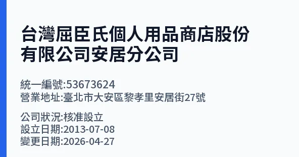 台灣屈臣氏個人用品商店股份有限公司安居分公司的照片-統編 53673624(臺北市) 公司登記資料與營業項目詳細圖表