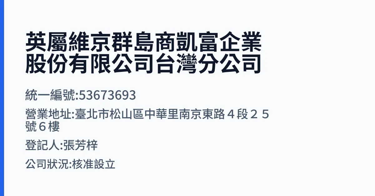 英屬維京群島商凱富企業股份有限公司台灣分公司 - 統編 53673693(臺北市) 公司登記資料與營業項目詳細圖表