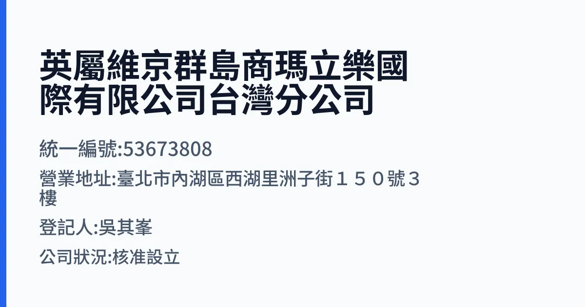 英屬維京群島商瑪立樂國際有限公司台灣分公司 - 統編 53673808(臺北市) 公司登記資料與營業項目詳細圖表