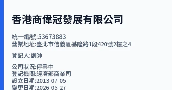 香港商偉冠發展有限公司的照片-統編 53673883(臺北市) 公司登記資料與營業項目詳細圖表