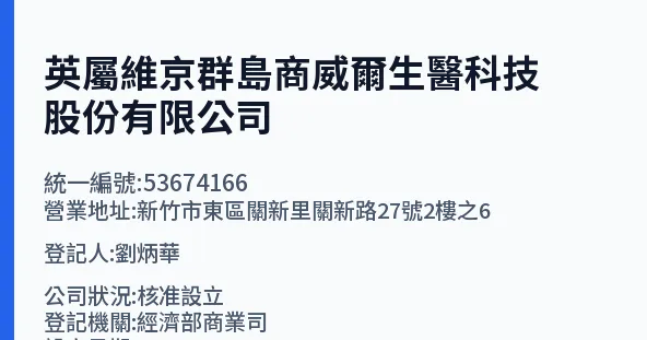 英屬維京群島商威爾生醫科技股份有限公司的照片-統編 53674166(新竹市) 公司登記資料與營業項目詳細圖表