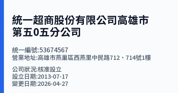 統一超商股份有限公司高雄市第五0五分公司的照片-統編 53674567(高雄市) 公司登記資料與營業項目詳細圖表