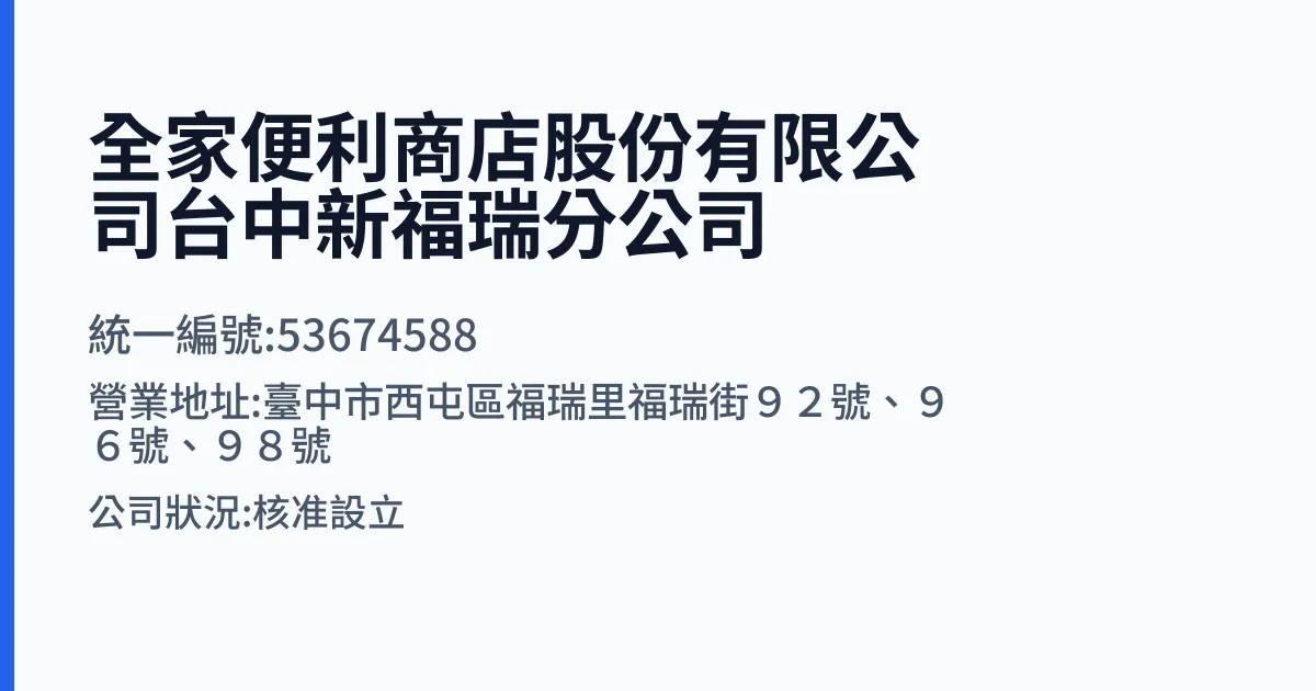 全家便利商店股份有限公司台中新福瑞分公司 - 統編 53674588(臺中市) 公司登記資料與營業項目詳細圖表