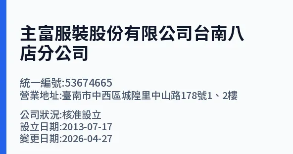 主富服裝股份有限公司台南八店分公司的照片-統編 53674665(臺南市) 公司登記資料與營業項目詳細圖表