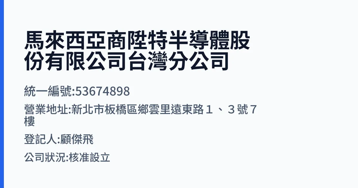 馬來西亞商陞特半導體股份有限公司台灣分公司 - 統編 53674898(新北市) 公司登記資料與營業項目詳細圖表