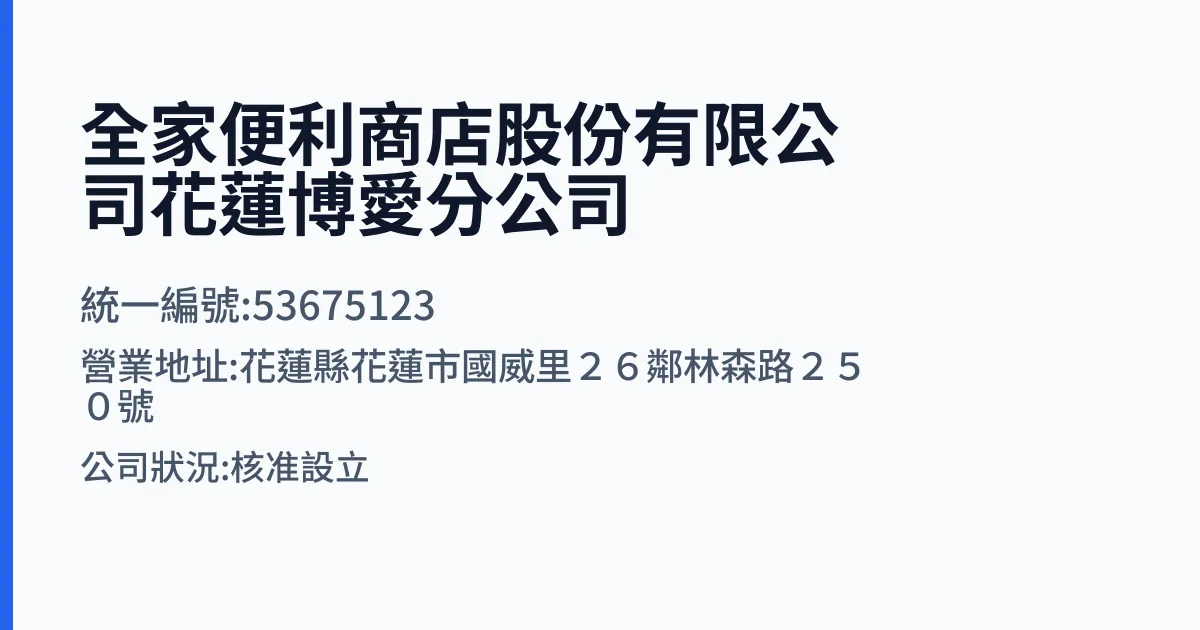 全家便利商店股份有限公司花蓮博愛分公司 - 統編 53675123(花蓮縣) 公司登記資料與營業項目詳細圖表