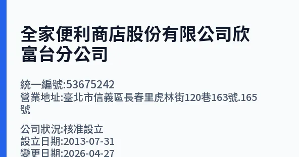 全家便利商店股份有限公司欣富台分公司的照片-統編 53675242(臺北市) 公司登記資料與營業項目詳細圖表