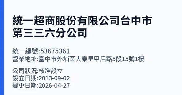 統一超商股份有限公司台中市第三三六分公司的照片-統編 53675361(臺中市) 公司登記資料與營業項目詳細圖表