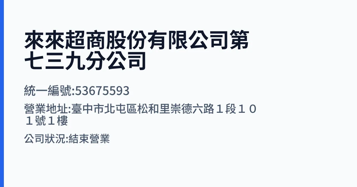 來來超商股份有限公司第七三九分公司 - 統編 53675593(臺中市) 公司登記資料與營業項目詳細圖表