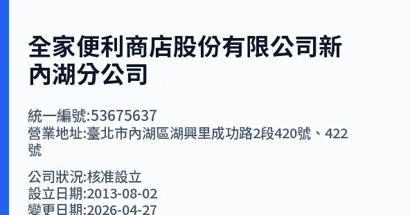 全家便利商店股份有限公司新內湖分公司的照片-統編 53675637(臺北市) 公司登記資料與營業項目詳細圖表