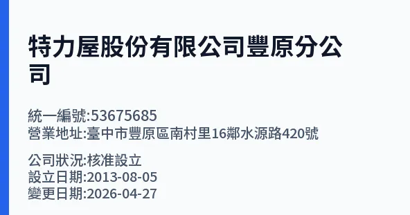 特力屋股份有限公司豐原分公司的照片-統編 53675685(臺中市) 公司登記資料與營業項目詳細圖表