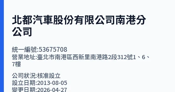 北都汽車股份有限公司南港分公司的照片-統編 53675708(臺北市) 公司登記資料與營業項目詳細圖表