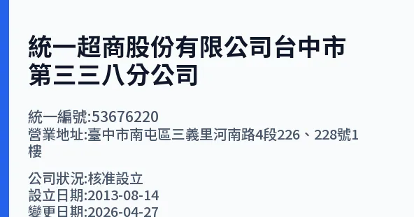 統一超商股份有限公司台中市第三三八分公司的照片-統編 53676220(臺中市) 公司登記資料與營業項目詳細圖表