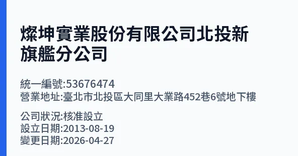 燦坤實業股份有限公司北投新旗艦分公司的照片-統編 53676474(臺北市) 公司登記資料與營業項目詳細圖表