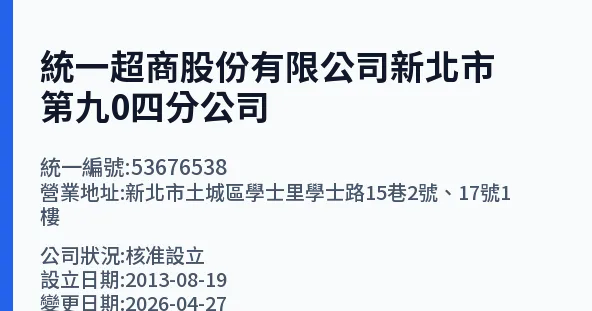 統一超商股份有限公司新北市第九0四分公司的照片-統編 53676538(新北市) 公司登記資料與營業項目詳細圖表
