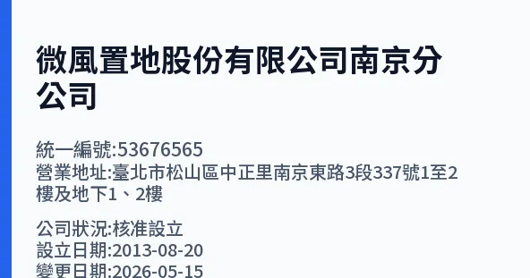 微風置地股份有限公司南京分公司的照片-統編 53676565(臺北市) 公司登記資料與營業項目詳細圖表