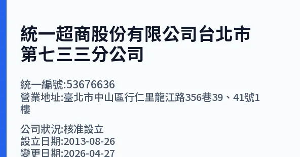 統一超商股份有限公司台北市第七三三分公司的照片-統編 53676636(臺北市) 公司登記資料與營業項目詳細圖表