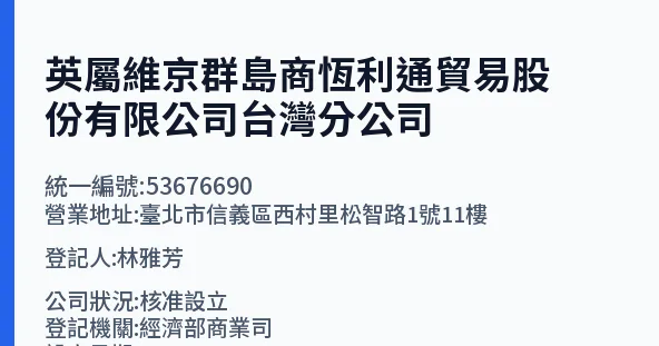 英屬維京群島商恆利通貿易股份有限公司台灣分公司的照片-統編 53676690(臺北市) 公司登記資料與營業項目詳細圖表
