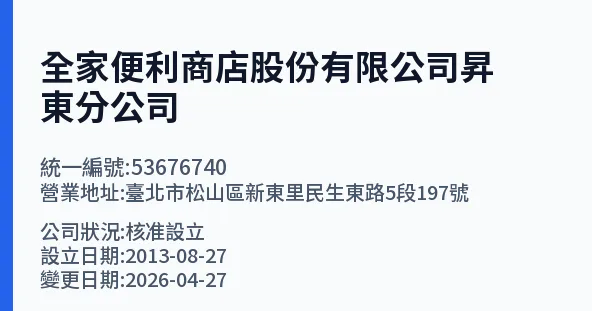 全家便利商店股份有限公司昇東分公司的照片-統編 53676740(臺北市) 公司登記資料與營業項目詳細圖表
