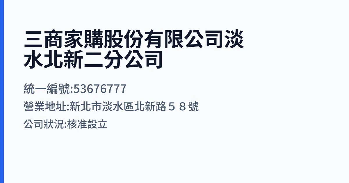 三商家購股份有限公司淡水北新二分公司 - 統編 53676777(新北市) 公司登記資料與營業項目詳細圖表
