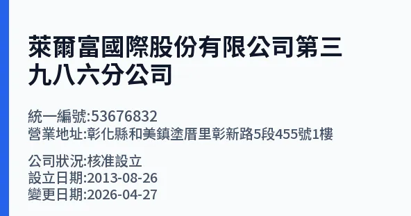 萊爾富國際股份有限公司第三九八六分公司的照片-統編 53676832(彰化縣) 公司登記資料與營業項目詳細圖表