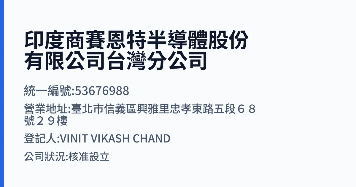印度商賽恩特半導體股份有限公司台灣分公司 - 統編 53676988(臺北市) 公司登記資料與營業項目詳細圖表