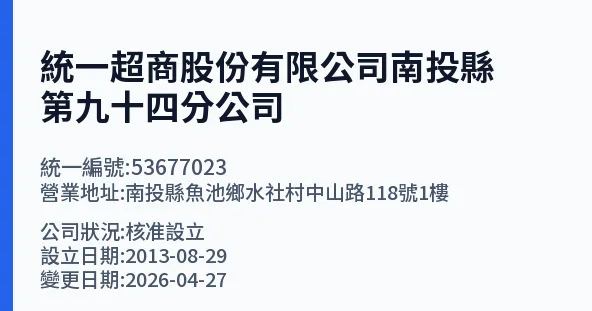 統一超商股份有限公司南投縣第九十四分公司的照片-統編 53677023(南投縣) 公司登記資料與營業項目詳細圖表